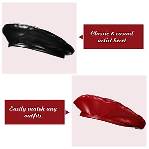 Geyoga 2 Pieces Girls Faux Leather Beret PU French Berets Hat Caps Causal Beanie Hat for Ladies and Girls (Wine Red, Black)