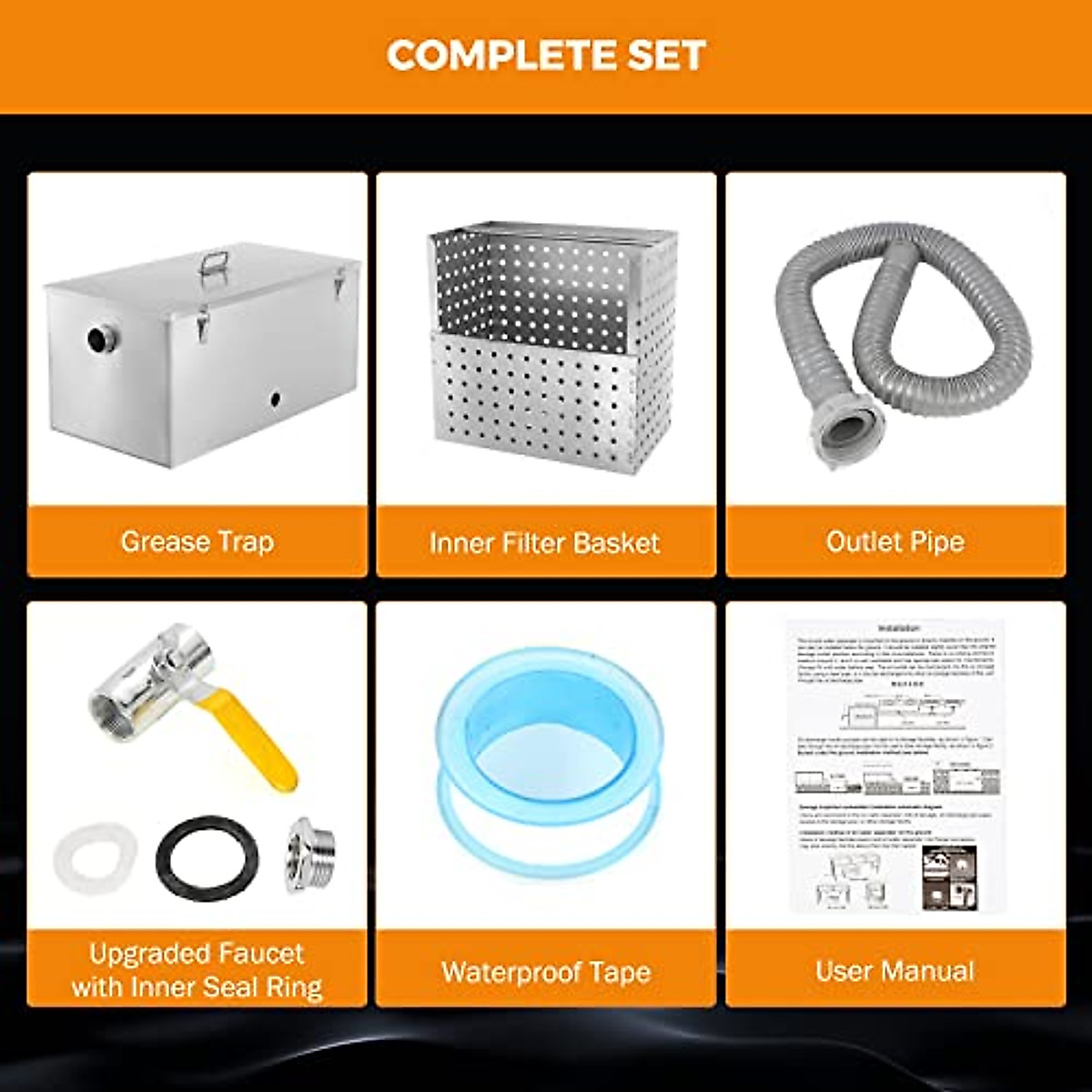 BEAMNOVA Commercial Grease Trap 25lbs Stainless Steel Interceptor, Side Inlet for Restaurant Home Kitchen Tools