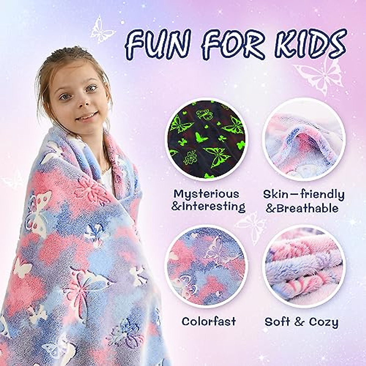 SOCHOW Butterfly Glow in The Dark Blanket for Daughters, Toys for 3-10 Year Old Birthday Presents, Soft Cozy Flannel Throw Blanket for Preteens Teens, Purple 50 x 60 Inches
