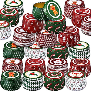 Uiifan 48 Pcs Christmas Candle Tins Cookie Tins Metal Candles Tin Gifts Jars with Lids 8 oz Candy Tinplate Retro Tins Round Containers for Candle Holiday Gift Giving Treat Biscuits Party Favors