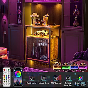 Unikito Wine Bar Cabinet with RGB Light and Outlet, FreeStanding Wine Rack Table, Liquor Cabinet with Glass Holder, Floor Bar Cabinet for Liquor and Glasses for Home Kitchen Dining Room, Rustic Brown