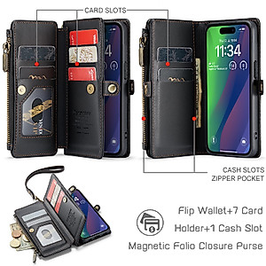 Defencase for iPhone 15 Case,【RFID Blocking】 for iPhone 15 Wallet Case for Women Men with Credit Card Holder Slots Zipper Pocket Book Flip PU Leather Protective Cover for iPhone 15 Phone Case, Black