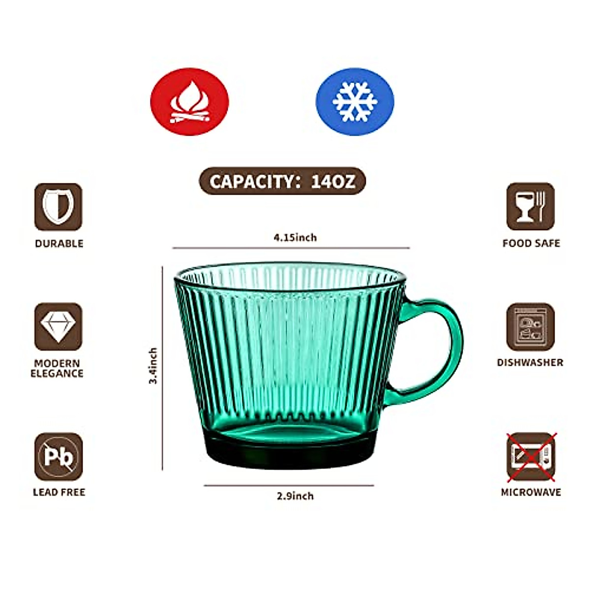 Buaic Glass Coffee Mugs, 14 Oz Set of 2 Vertical Stripes Green Glass Cups Stackable Coffee Cups, Tea Cups, Vintage Mugs for Cappuccino, Latte,Cereal,Beverage Hot/Cold Birthday Day Gifts