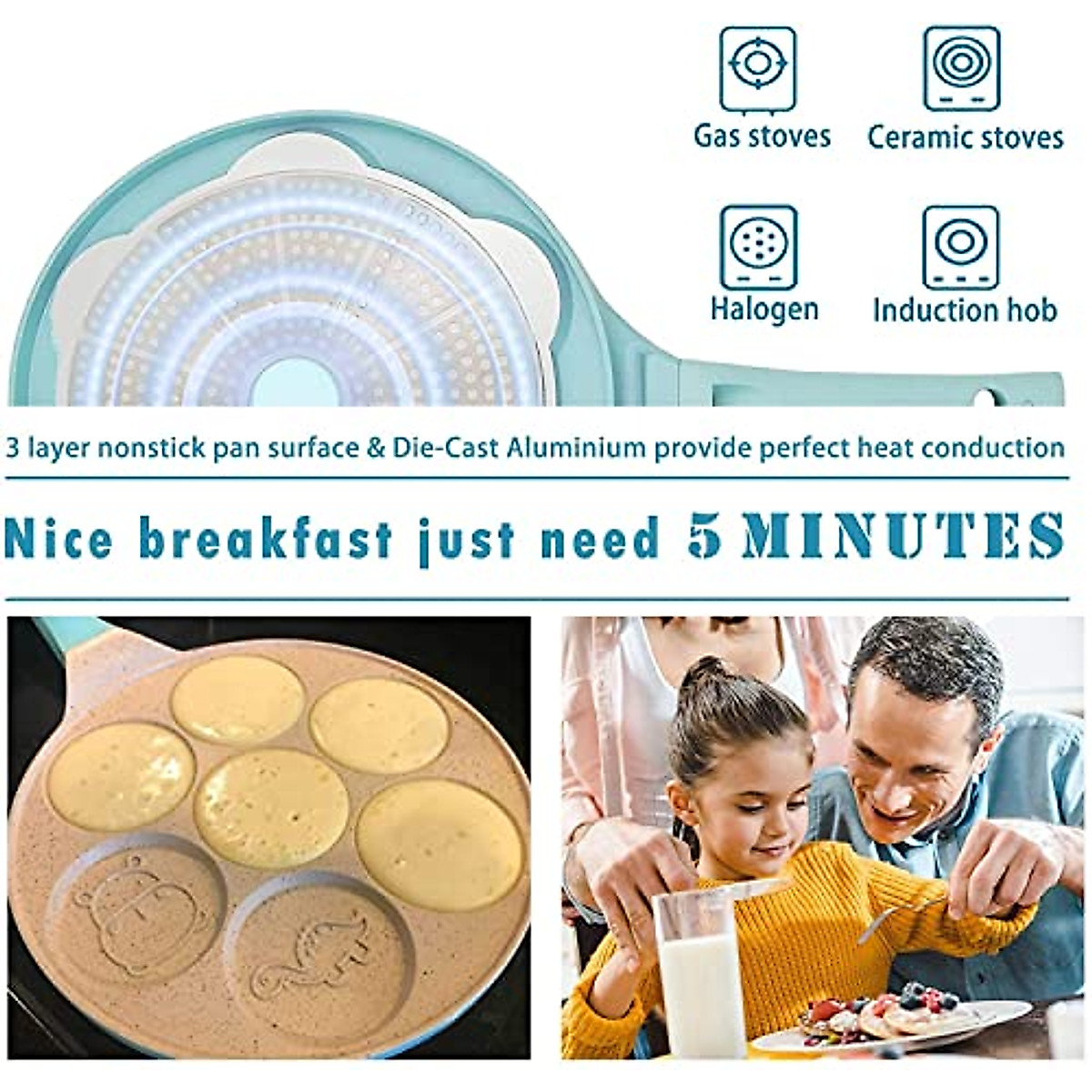 DAYOOH Mini Pancake Griddle, Nonstick Pancakes Pan for Kids Induction Cooktops Pancake Griddle Maker with Animal Molds, Suitable for All Stovetops, Blue