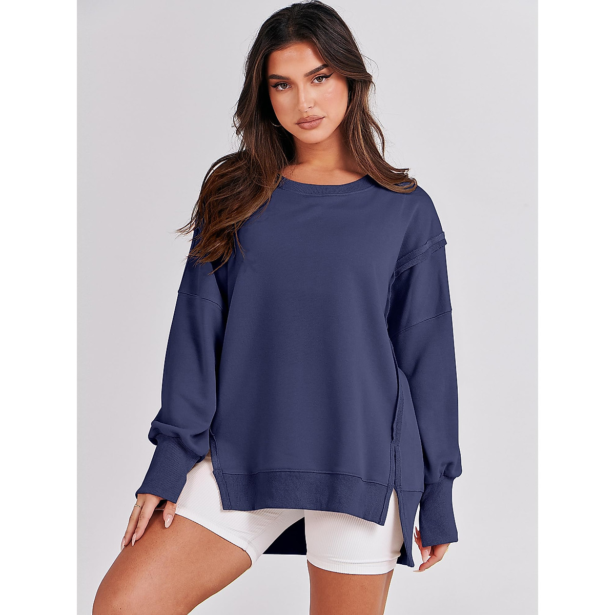 ANRABESS Women's Oversized Sweatshirts Crew Neck Long Sleeve Shirts Casual Loose Slit 2025 Fall Clothes Navy Blue S
