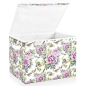 WELLDAY Purple Flowers Birds Storage Baskets Foldable Cube Storage Bin with Lids and Handle, 16.5x12.6x11.8 In Storage Boxes for Toys, Shelves, Closet, Bedroom, Nursery