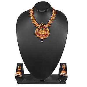 Bodha Tradtional Indian Handcrafted Antique Gold Plated Temple Jewellery Combo Bridal Dulhan Necklace Set With Matching Earring & Pearls For Women (SJ_2925)
