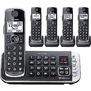 Panasonic Link2Cell Bluetooth DECT 6.0 Expandable Cordless Phone System with Answering Machine and Enhanced Noise Reduction - 5 Handsets - KX-TGE675B (Black)