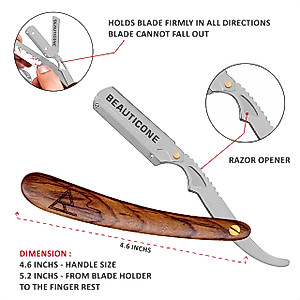 BEAUTICONE Straight Razor for Men, Professional Rose Wooden Handle with Polished Blade Barber Razor with 100 Single Edge Blades, Straight Edge Single Blade Razors for Men