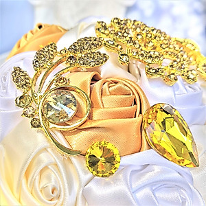 Abbie Home Advanced Customization Romantic Bride Wedding Holding Toss Bouquet Creamy White Rose Brooch with Pearls and Rhinestone Decorative brooches Accessories-(Champagne + White + Ivory)