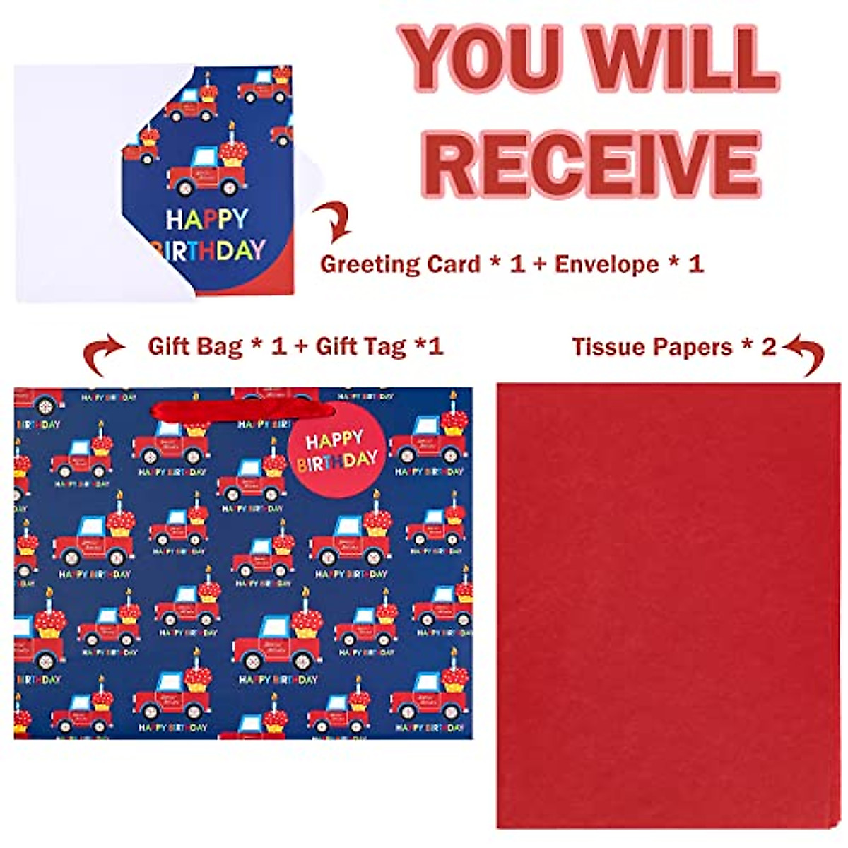 WRAPAHOLIC 13" Large Gift Bag with Card and Tissue Paper - Car Design Happy Birthday