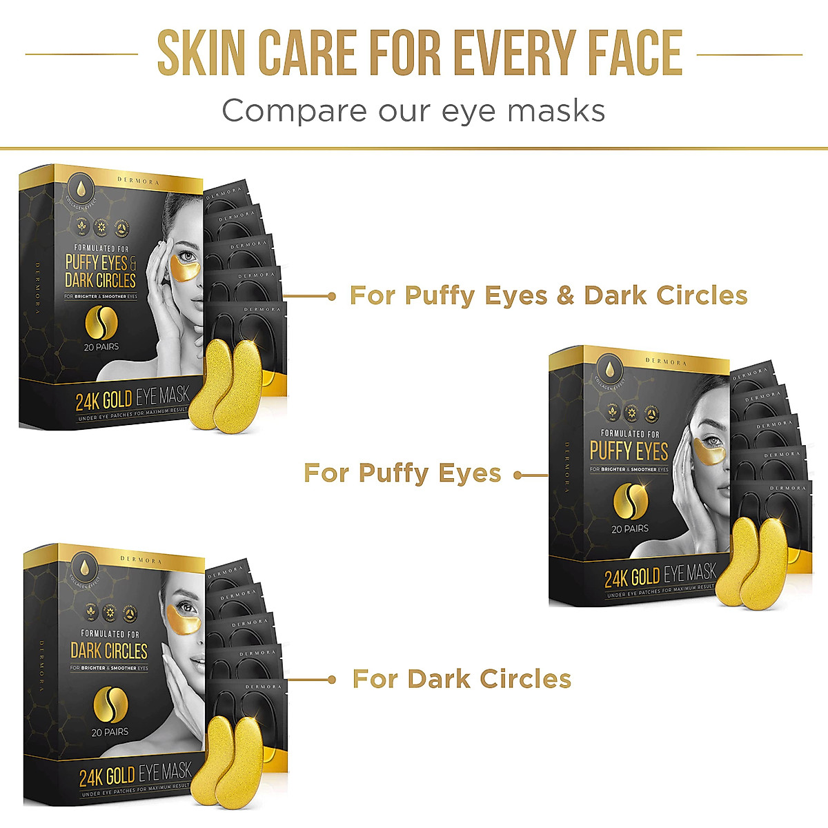 DERMORA 24K Gold Eye Mask Puffy Eyes and Dark Circles Treatments Look Less Tired