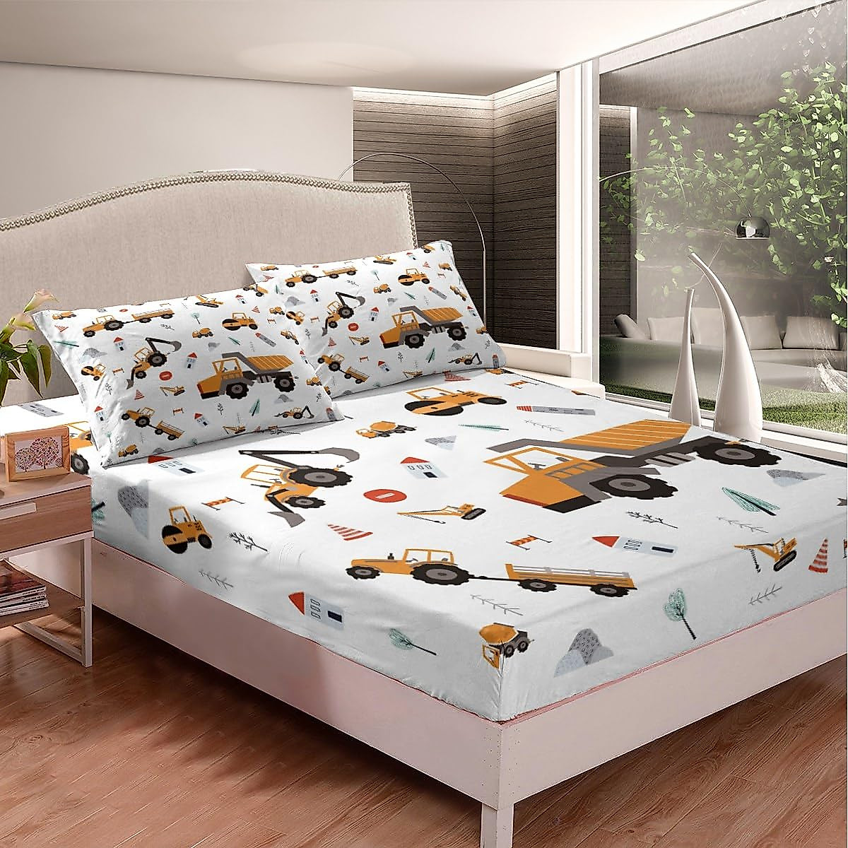 jejeloiu 7 Pieces Excavator Comforter Set Full Size & Excavator Sheet Set Full Size
