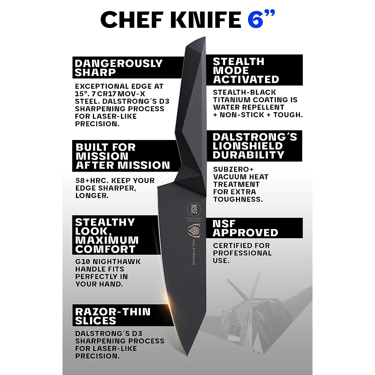 Dalstrong Chef Knife - 6 inch - Shadow Black Series - Black Titanium Nitride Coated - Razor Sharp Kitchen Knife - High Carbon 7CR17MOV-X Vacuum Treated Steel - Sheath - Chef's Knife - NSF Certified