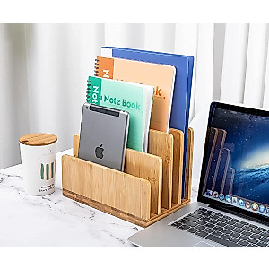 100% Bamboo Desk File Mail Organizer Countertop, 4 Slots Wood Desktop File Folder Sorter Holder Organizer for Document Letter Envelope Mail Paper Folder Bill Filing, Paper Letter Desk Tray Organizer