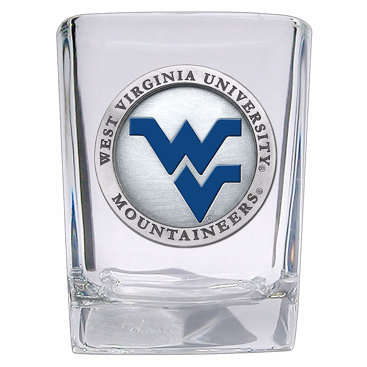 Heritage Pewter University of West Virginia Square Shot Glass | Hand-Sculpted 1.5 Ounce Shot Glass | Intricately Crafted Metal Pewter Alma Mater Inlay