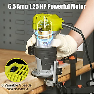 DEWINNER Electric Router Tool, 710W 13000-33000 RPM 6 Variable Speed Wood Router for Woodworking with 3 Clamps and 5 Router Tool Bits