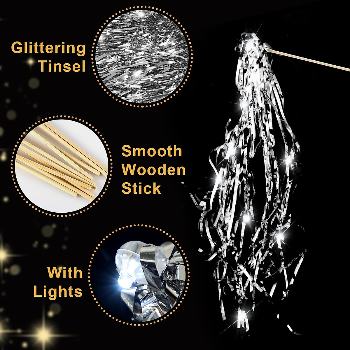 24pcs Lighted Wedding Wands Send off, LED Ribbon Stick with Shiny Foil Tinsel Glitter Hand Light up Streamers for Bridal Baby Shower Birthday Party Celebration (Silver)