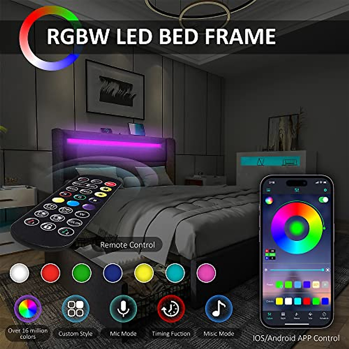 AMERLIFE Queen Bed Frame with RGBW LED Lights Headboard & 4 Storage Drawers, Upholstered Smart Platform Bed with USB & USB-C Ports, Box Spring Optional, Dark Grey