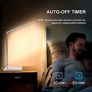 LED Desk Lamp with USB Port, Desk Light with 10 Brightness 5 Color Temperature, Soft Table Lamp for Reading, Office and Home, Touch Control, 30/60 Timer Off, No Glaring