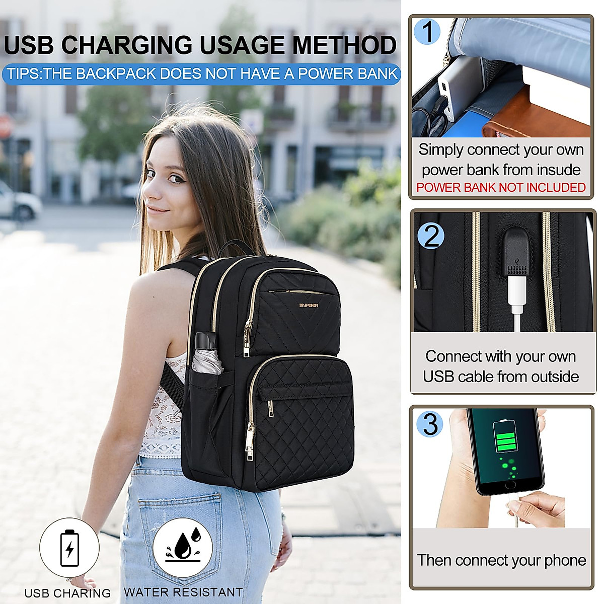 EMPSIGN 15.6 Inch Laptop Backpack Laptop Bag for Women Men, Business Work School Travel Backpack with USB Charging Port, Waterproof Backpack Purse for Women College Computer Book Bag, Black