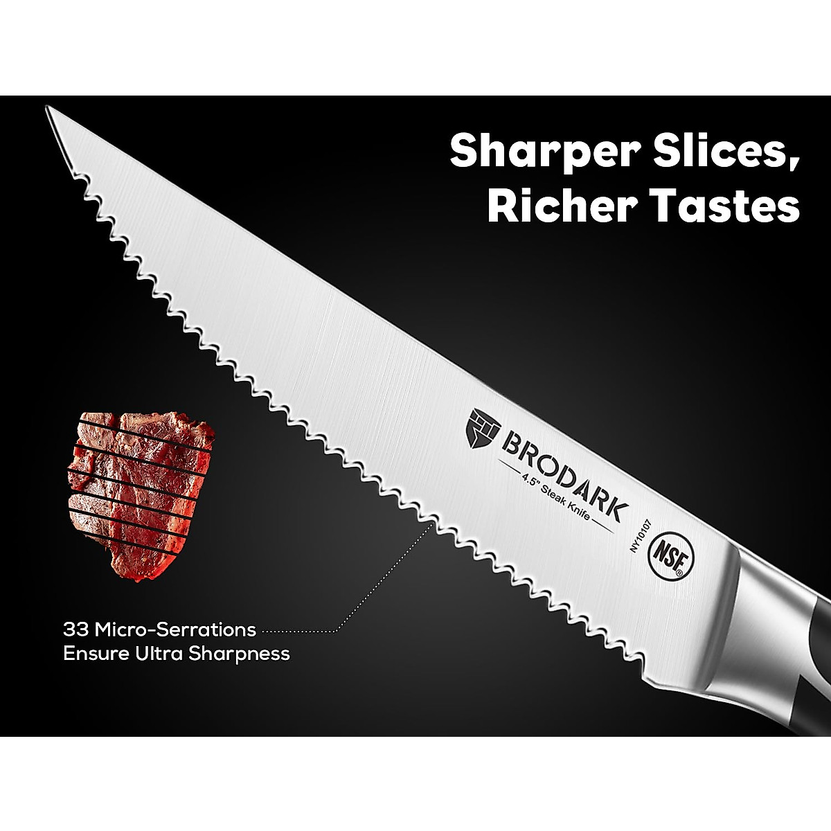 BRODARK Steak Knives, Serrated Steak Knives Set of 6 with Full Tang Handle, Dishwasher Safe Stainless Steel Steak Knife Set, NSF Certified, Steel-King Series