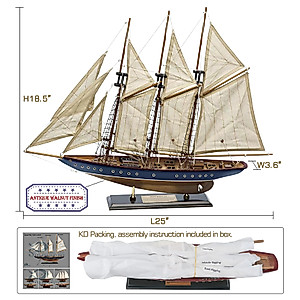 SAILINGSTORY Wooden Sailboat Model Ship Sailboat Decor 24" Schooner Atlantic 1:60 Scale Replica Blue and Walnut Antique Finish