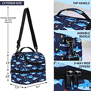 MIER 2 Compartment Kids Small Lunch Box Bag for Boys Girls Toddlers, Double Deck Leakproof Lunchbox Cooler Insulated Lunch Tote with Shoulder Strap (Blue-Shark)