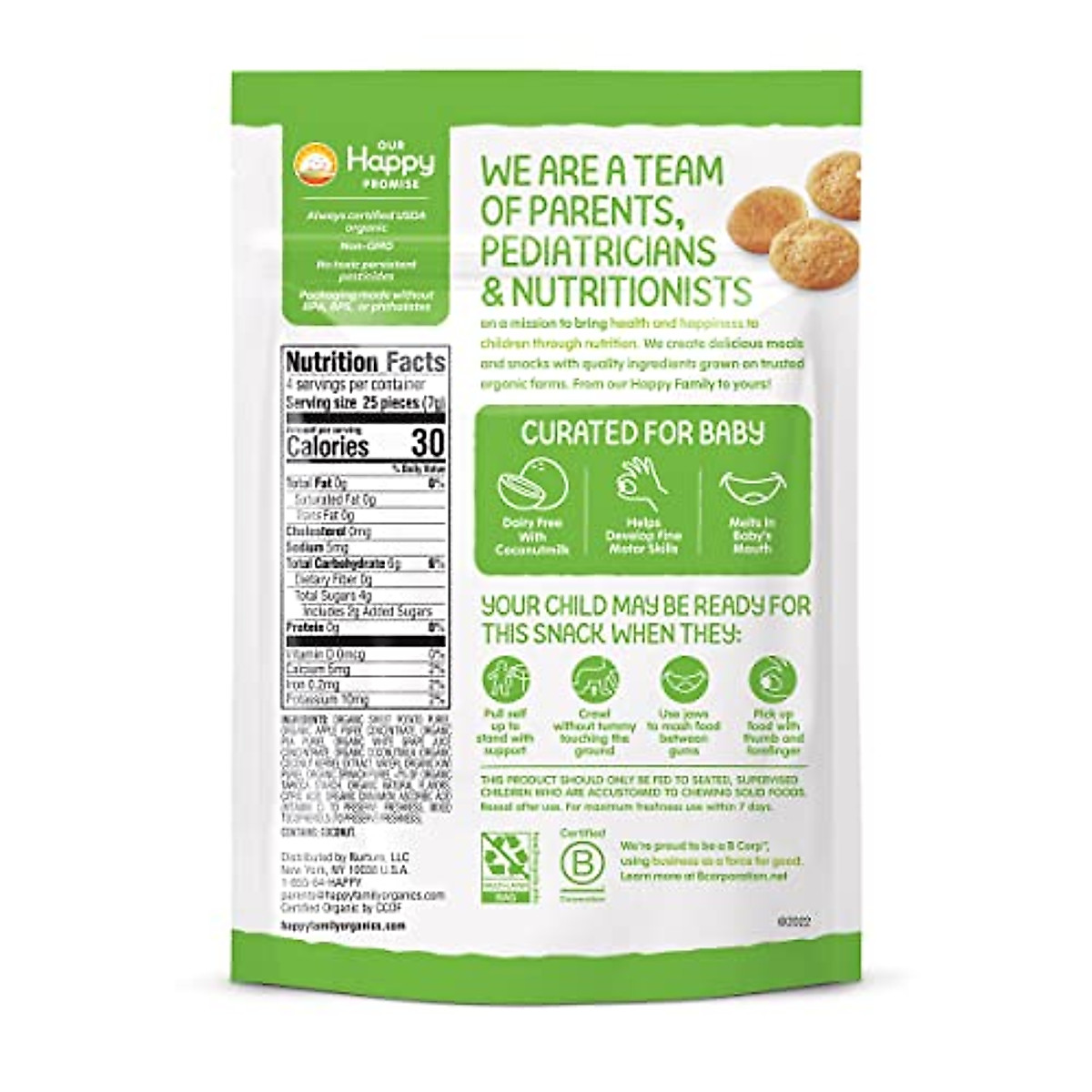 Happy Baby Organics Creamies Freeze-Dried Veggie & Fruit Snacks with Coconut Milk, Apple Spinach Pea & Kiwi, 1 Ounce (Pack of 8)