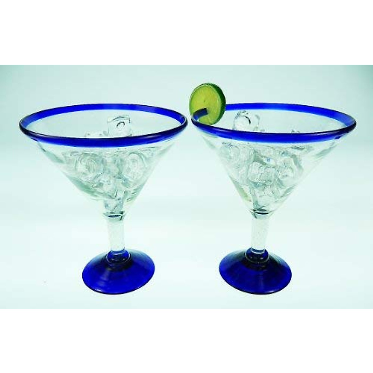Mexican Glass Margarita Blue Rim 20 Oz with CoronaRita Clips/Corona Beer Holders (Set of 2)
