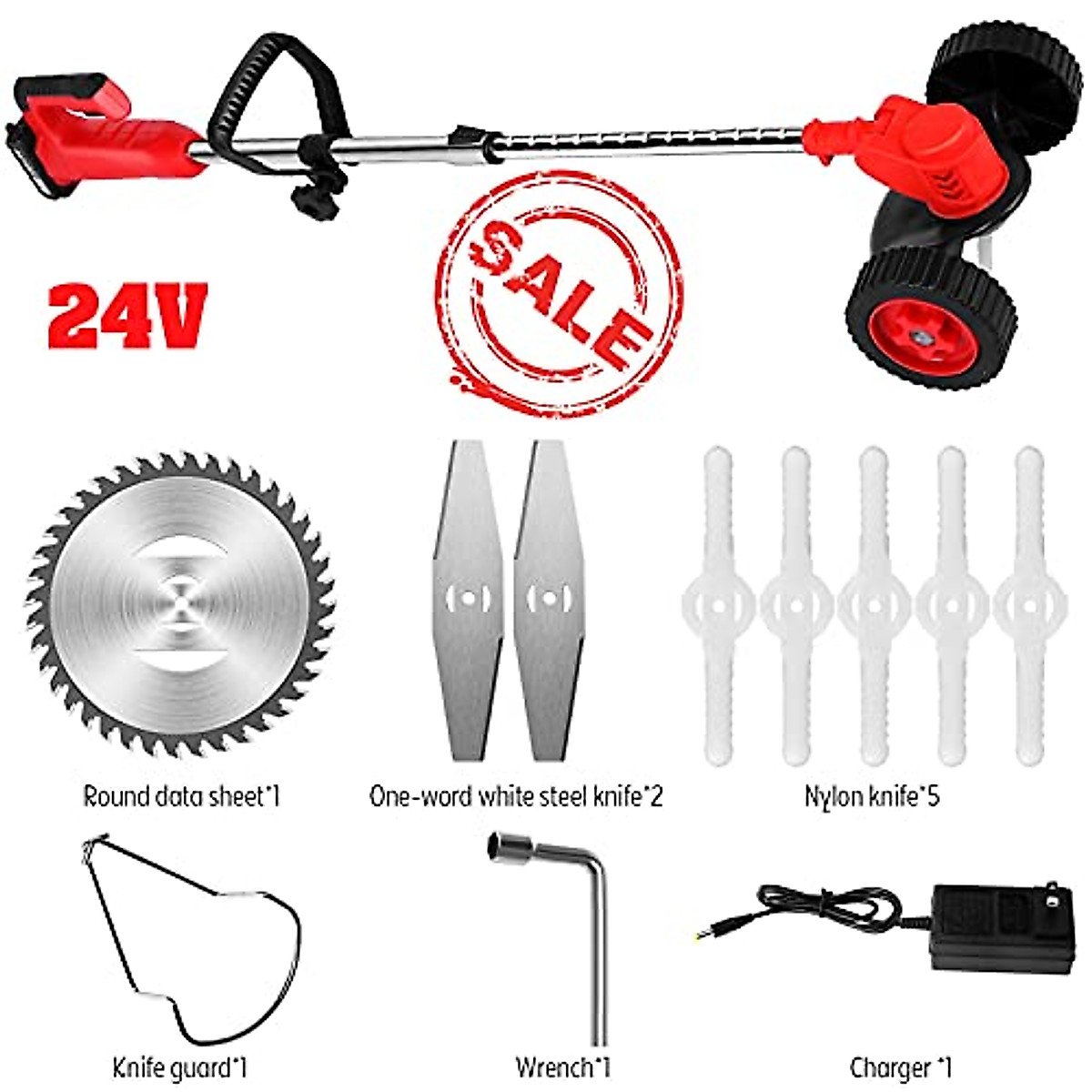 Weed Wacker Cordless String Trimmer - 24V Power Weed Eater Grass Trimmer with 3 Function Blades, Height Adjustable Lawn Edger Brush Cutter for Home Garden, Lawn, Yard (A 1 Battery red)