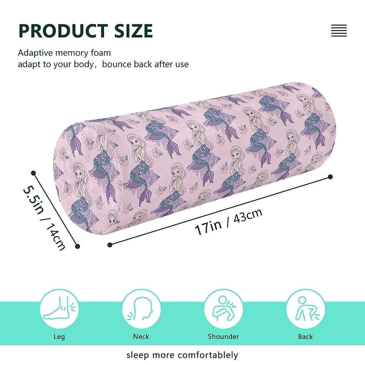 Vnurnrn Sea Travel Mermaid Neck Support Pillow Round Neck Roll Bolster Cylinder Pillow Cervical Pillows Travel Pillow for Leg Knee Back Head Support for Work Men Women Bed