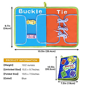FAONIE Toddler Busy Board Toddler Early Learning Toys Basic Life Skills Learn to Dress Board Book - Zipper, Snap, Button, Buckle, Lace & Tie