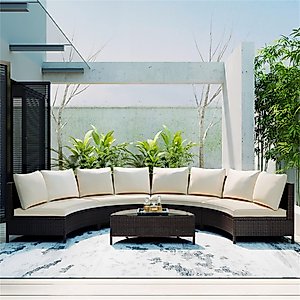 BaRdzo 5 Pieces Brown PE Rattan Wicker Sofa Set Outdoor Patio Sectional Furniture Set Half-Moon with Tempered Glass Table