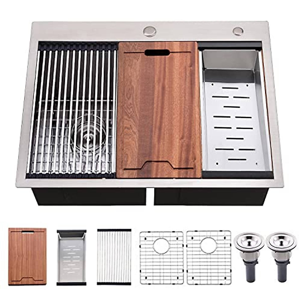 33 Inch Double Bowl Drop In Kitchen Sink Workstation - VOKIM 33 x 22 Inch Stainless Steel Top mount Kitchen Sink 16 Gauge Stainless Steel Drop In Kitchen Sink 10 Inch Deep 50/50 Double Bowl Sink