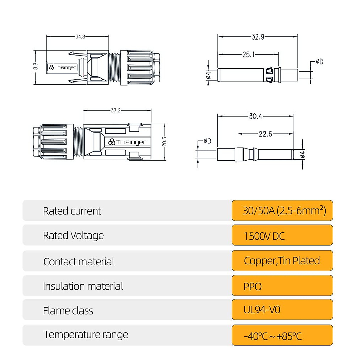 Trisinger Solar Panel Cable Connector, IP68 Waterproof, 1500V 70A Tinned Copper Pins, 5 Pairs with 2 Spanners(for 8awg)