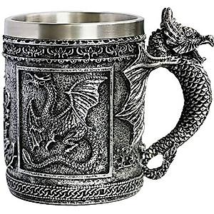 Medieval Roaring Dragon Mug - Dungeons and Dragons Beer Stein Tankard Drink Cup - 14oz Stainless Coffee Mug for GOT Dragon Lovers Collector - Ideal Novelty Gothic Father Day Gift Party Decoration