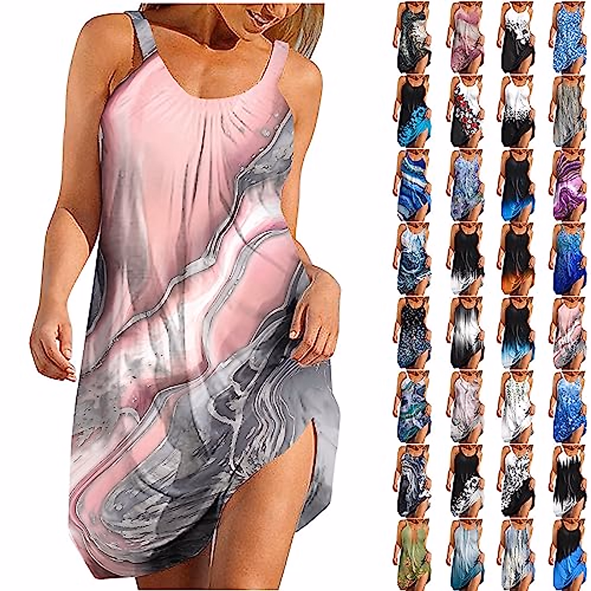 Warehouse Clearance Summer Beach Dress for Women Strappy Empire Waist Floral Print Sleeveless Loose Flowy Mini Sundress Shift Tunic Dress