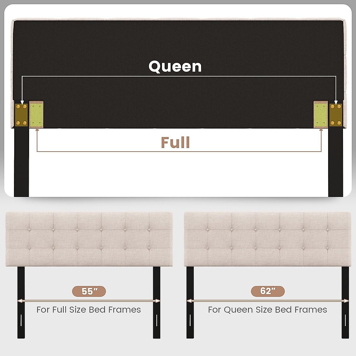 KOMFOTT Linen Upholstered Headboard for Full & Queen Size Bed Frame, Tufted Button Bed Headboard with Solid Rubber Wood Legs, Rectangular Headboard with Adjustable Width, Beige