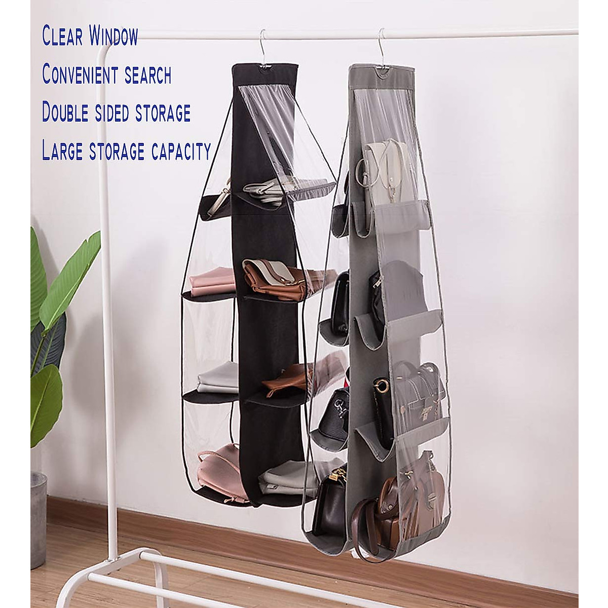 AARAINBOW 1 Pack Hanging Handbag Purse Organizer for Closet, Womens Purse Storage Organizers, Hand Bag Organizer Holder, Wardrobe Purse Organizer 8 Pockets Space Saving 41 L x 13.5W (B-Black)