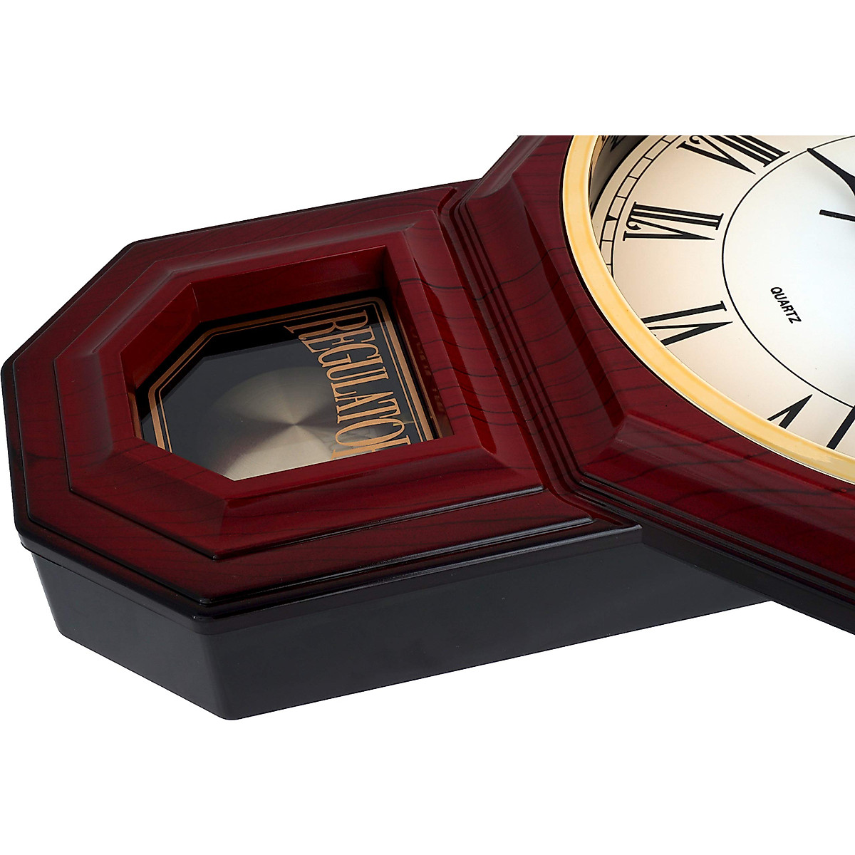 JUSTIME Traditional Schoolhouse Pendulum Wall Clock Chimes Hourly with Westminster Melody Made in Taiwan, 4AA Batteries Included (PP0258-RRM Red Mahogany)