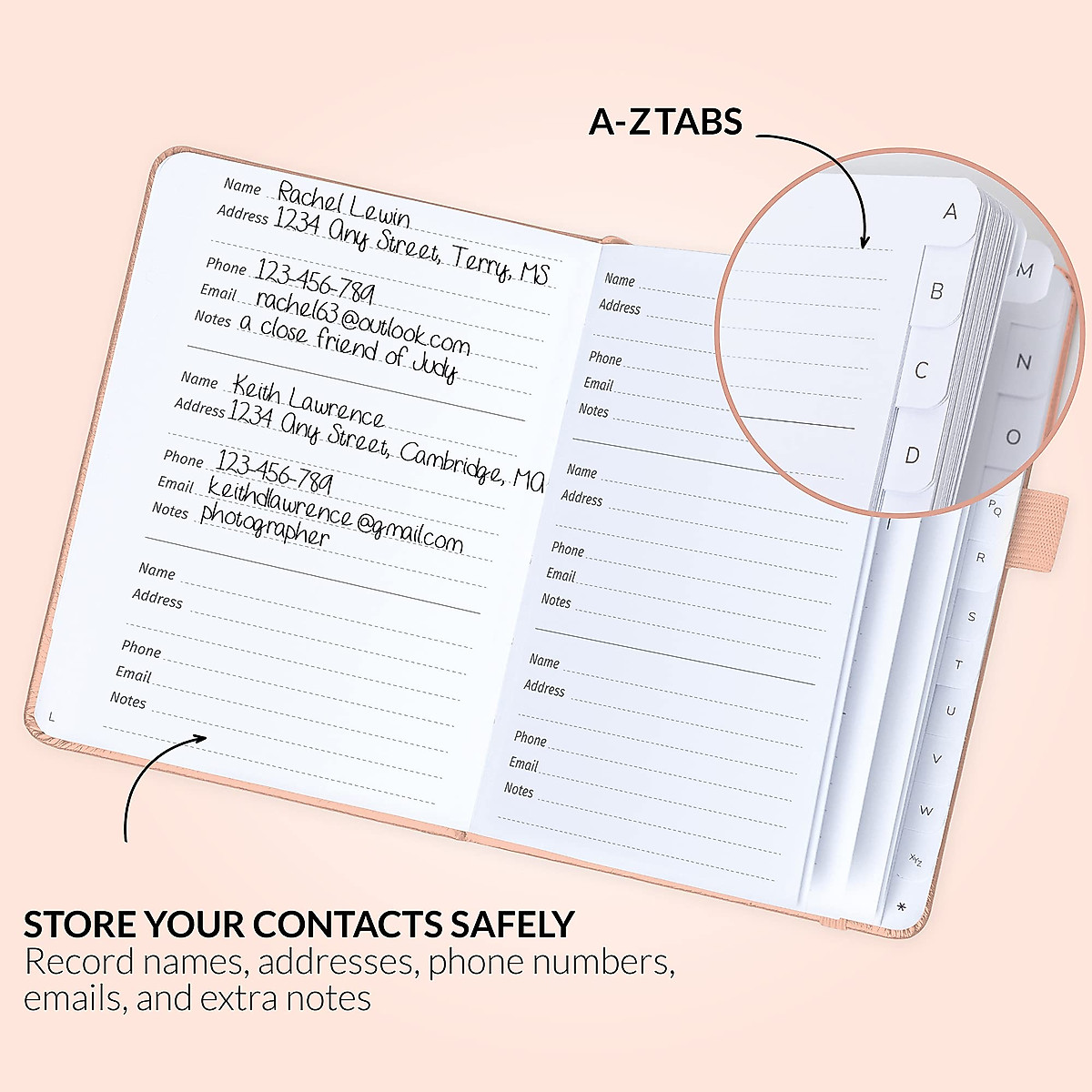 GoGirl Address Book – Telephone and Address Book with Alphabetic Tabs for Safely Storing Contacts, Small-Sized (4.0″ x 5.5″) PU Leather Hardcover – Peach Pink