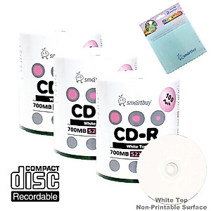 Smartbuy 300-disc 700mb/80min 52x CD-R White Top Blank Recordable Disc + Free Micro Fiber Cloth