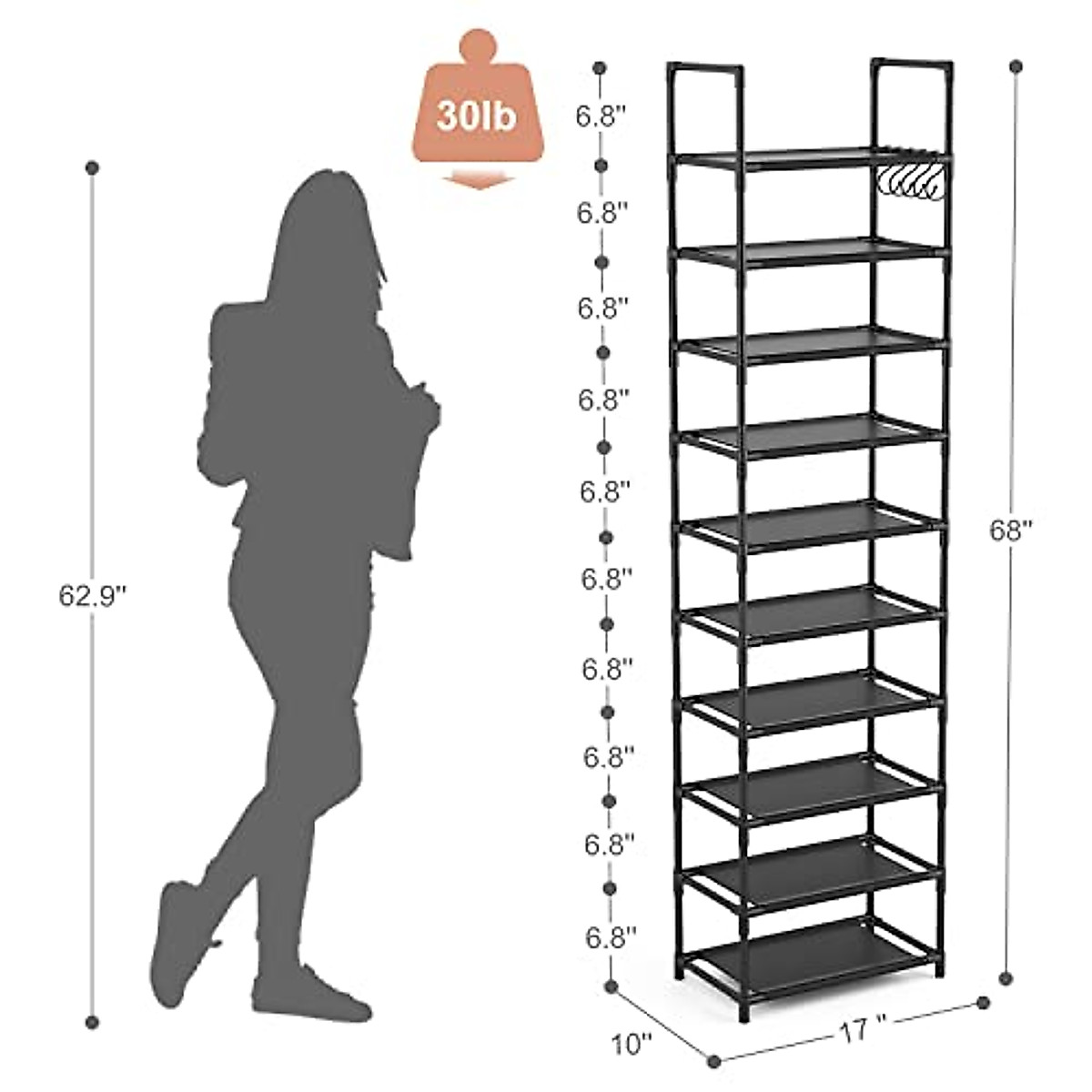 LANTEFUL 10 Tiers Tall Shoe Rack 20-25 Pairs Boots Organizer Storage Sturdy Narrow Shoe Shelf for Entryway, Closets with Hooks, Black