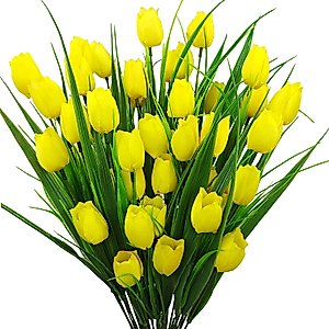 Guagb 8 Bundles Outdoor Artificial Tulips Fake Flowers UV Resistant Faux Plastic Greenery Shrubs Plants for Home Outside Garden Porch Window Farmhouse Decor (Yellow)