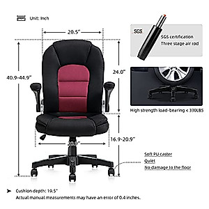 SEATZONE Soft Padded Mid-Back Office Computer Desk Chair, Upholstery Mesh Chair with Flip-up Arms and Wheels, Red and Black