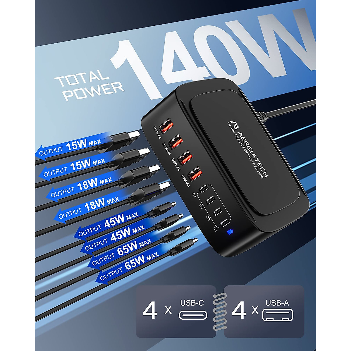 Aergiatech 140W USB C Charger, 8-Port Charging Hub for Multiple Devices, 65W and 45W PD3.0 Fast Charging Laptop Power Adapter for MacBook Pro/Air, iPhone iPad Samsung and More