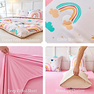 ANGIYUIN 6 Pieces Multi-Color Rainbow Queen Bedding Comforter Set for Girls Kids Cute Cloud and Love Hearts Girls Bedding Set Soft Microfiber Kid Bed in a Bag with Comforter, Sheets, Pillowcases