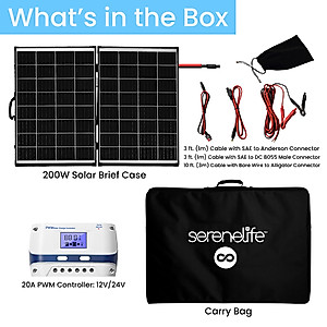 SerenelifeHome Serenelife 200 Watt Portable Solar Panel Kit, Foldable Monocrystalline Briefcase Set with 20A PWM Controller Black