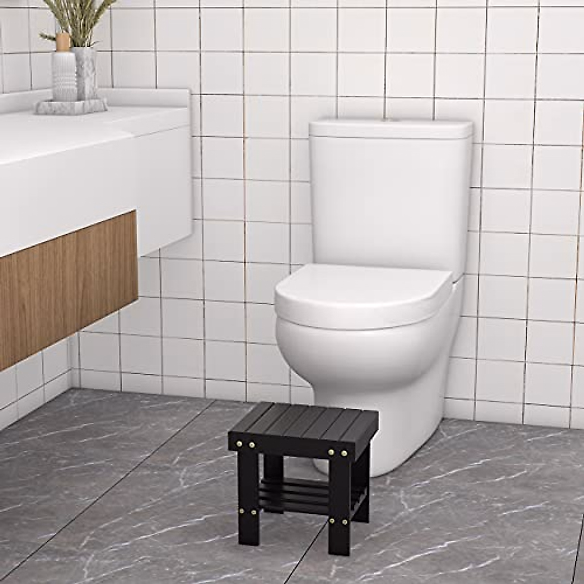 Wooden Step Stool for Kids Adults Small Wood Shower Foot Rest Stool Shaving Legs Potty Stool for Bathroom Sink Bed Kitchen (Black, 10.6 x 8.8 x 10 inches)